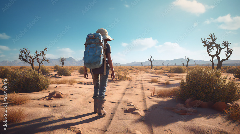 backpack nature concept, woman walking backwards wearing a hat and ...