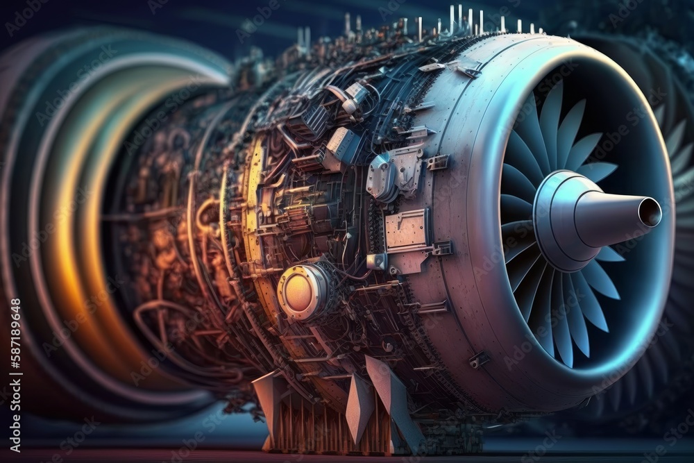 Generative AI illustration of a jet engine on a blue background. Engine ...