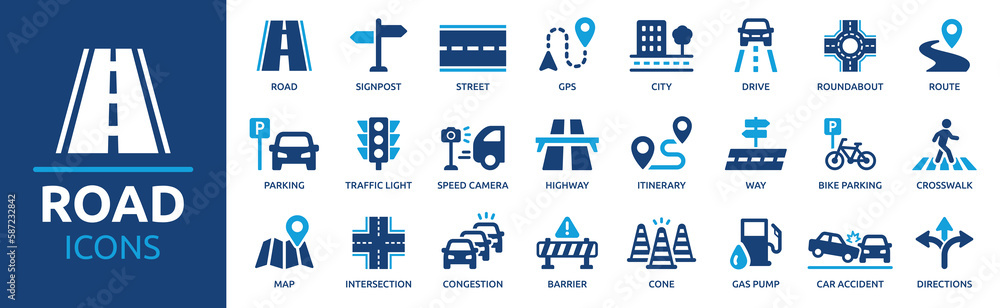 Road icon set. Containing street, highway, traffic light, signpost ...