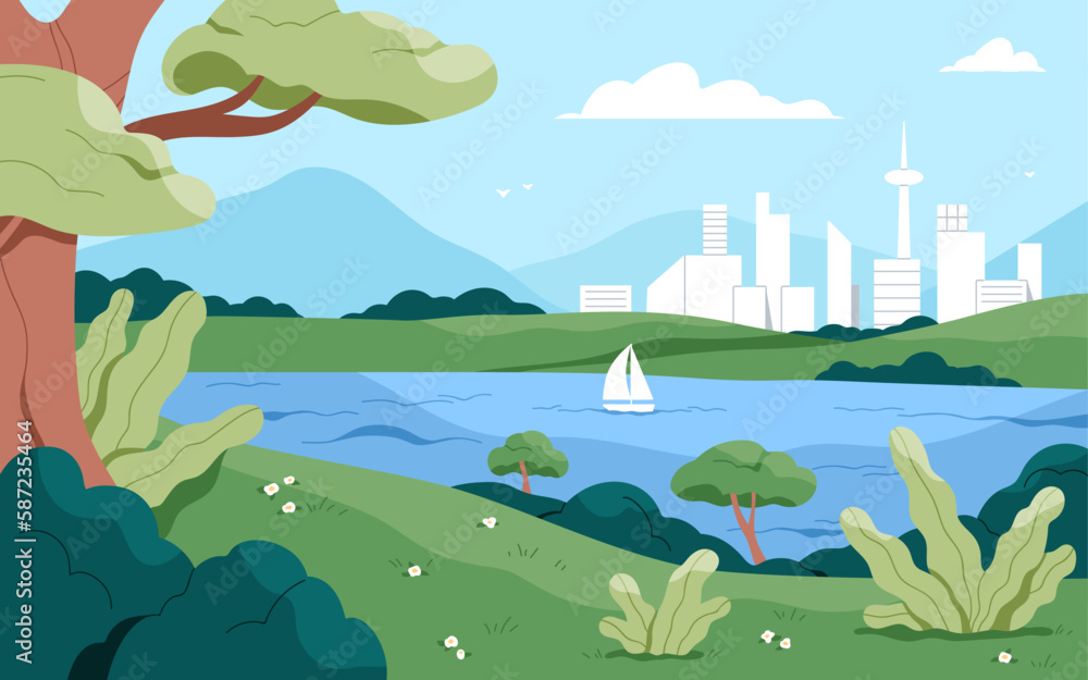 Nature landscape, view on city buildings from urban park. Summer ...