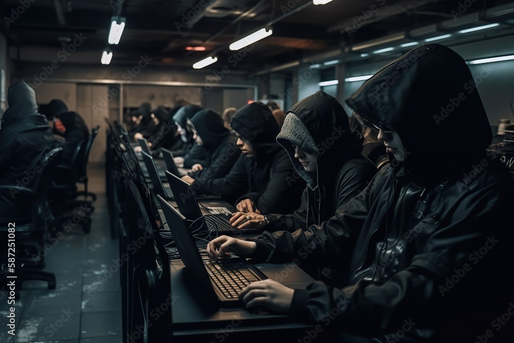big army of hackers, who are working with laptops to perform various ...