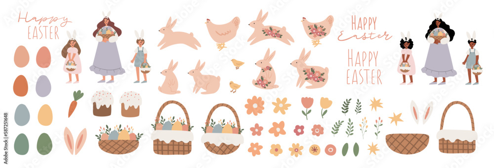Happy Easter clipart set, Cute bunny rabbit illustration, Childrens egg ...