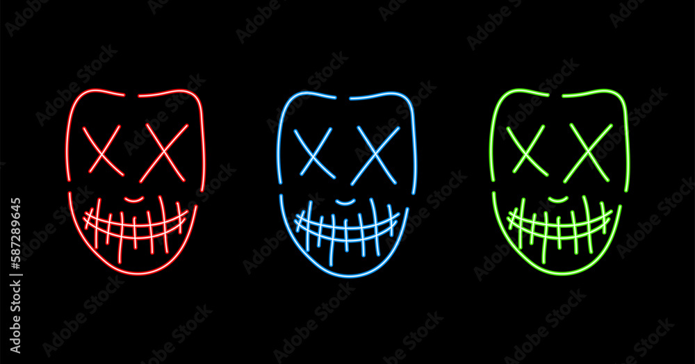 Neon zombie mask set. Creepy green character with red cross eyes and ...