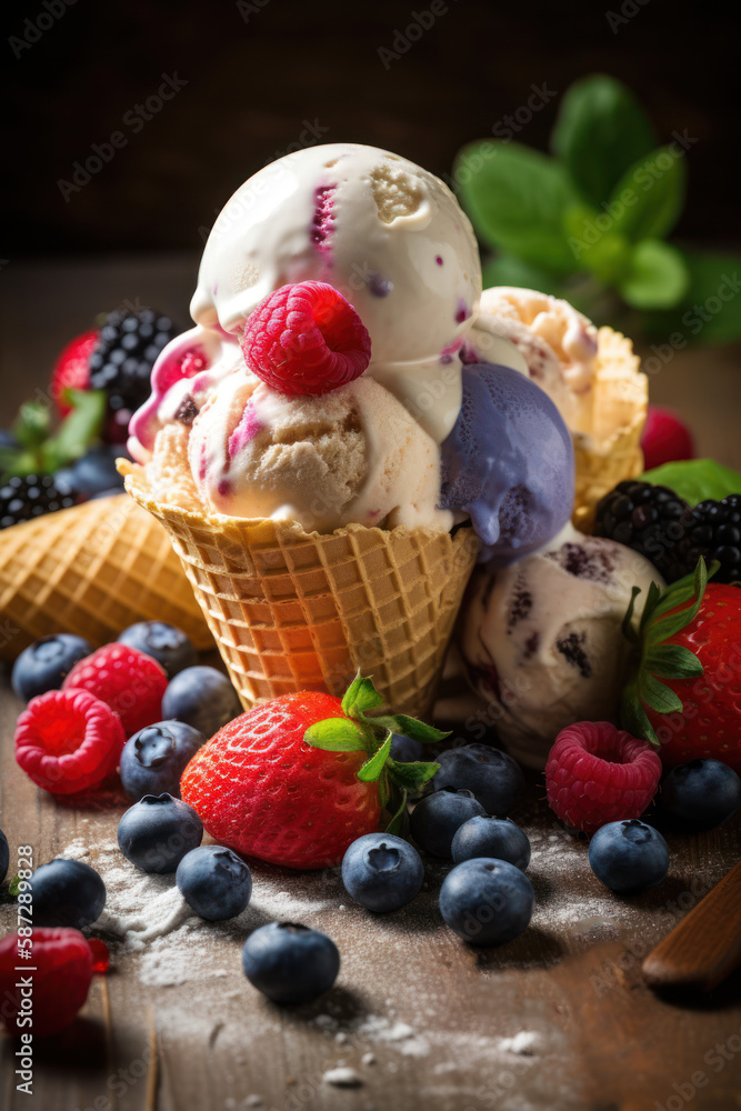 Cornets de glace et sorbets au parfum fruits rouges , fruits des bois ...