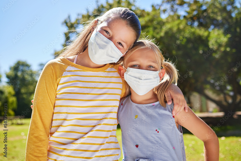 Portrait, mask and friends hug, outdoor while bonding, loving together ...
