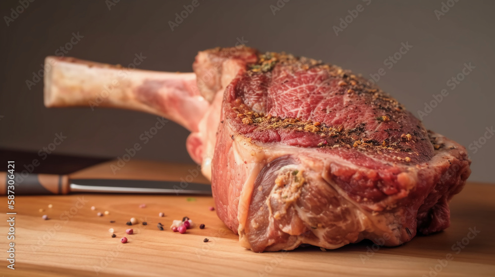 Tomahawk steak, a ribeye steak with a long bone attached, resembling a ...