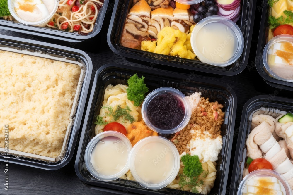 Business lunch in eco plastic container ready for delivery.Top view ...