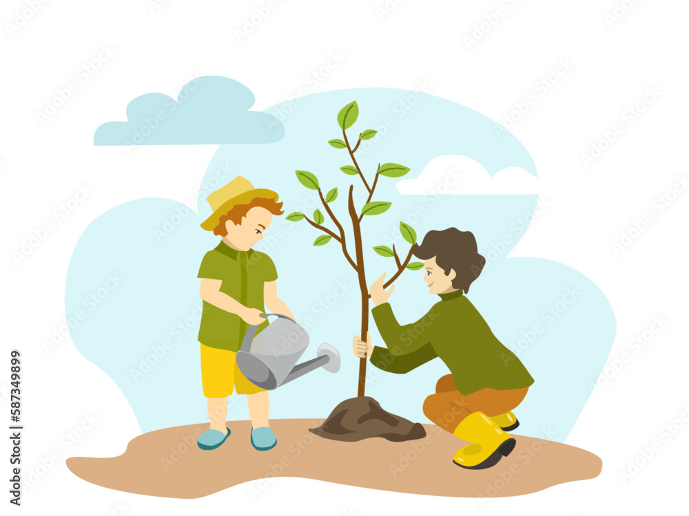 kids planting tree vector illustration isolated. Two boys in gardening ...