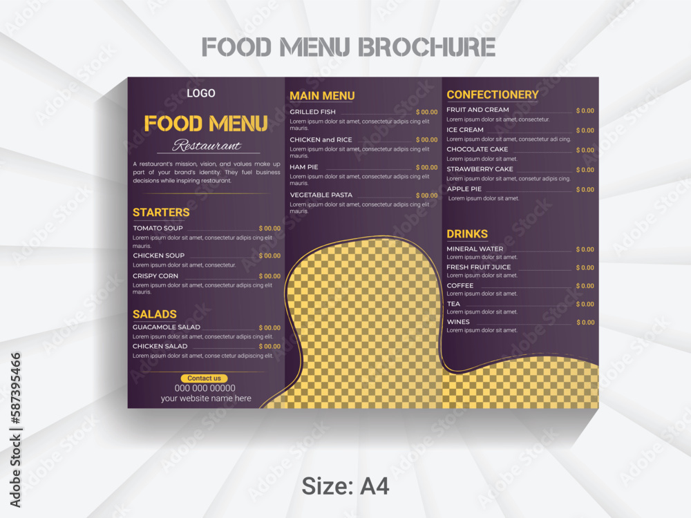 A4 size trifold brochure food menu template. modern vector restaurant ...