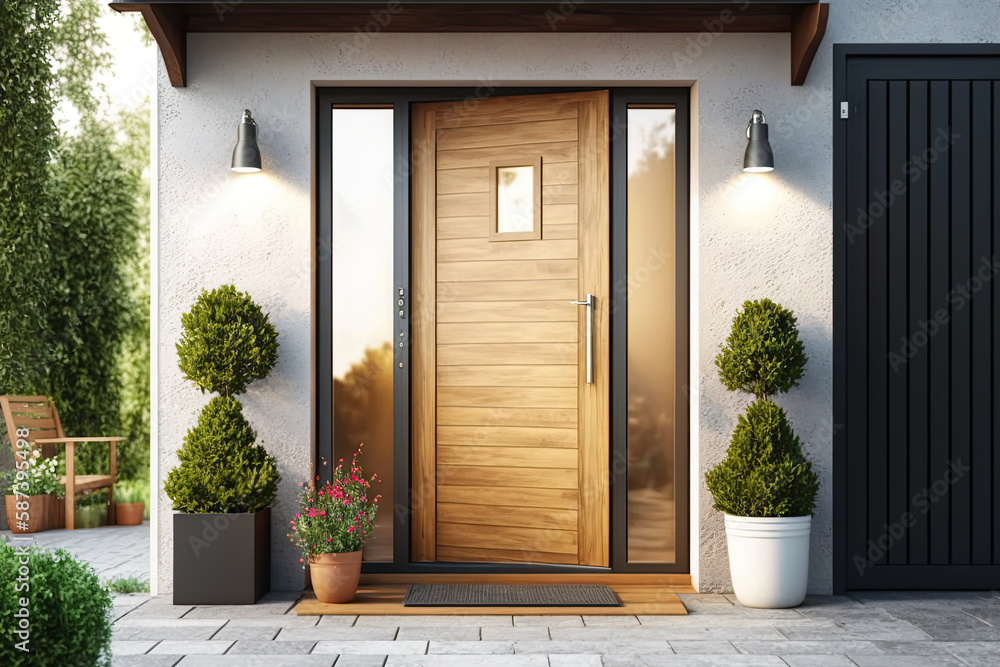 Modern house facade. Main entrance of living building. Door of luxury ...