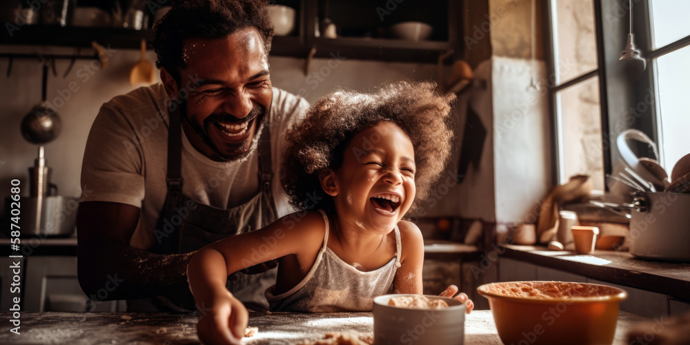father and his child daugher laughing together as they cook a meal ...