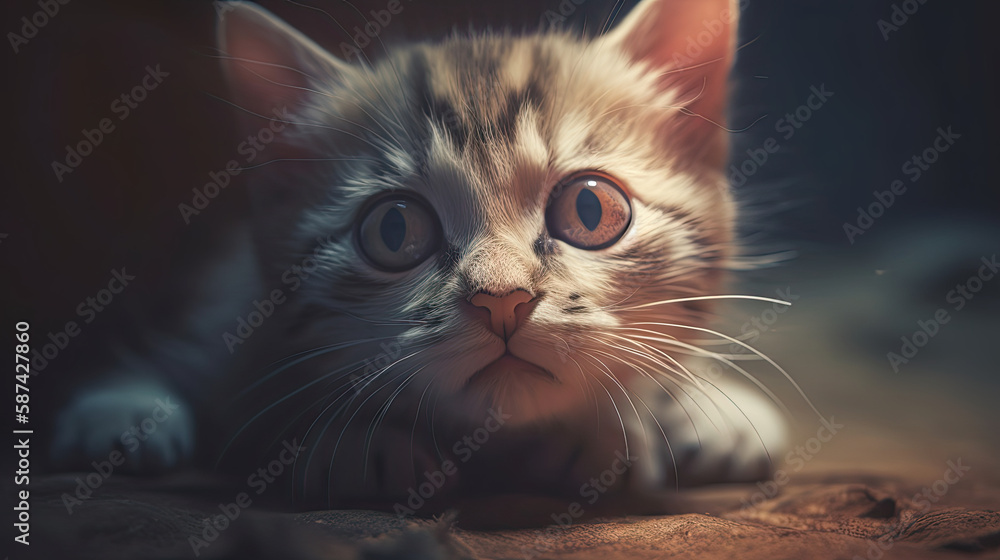 3D render illustration. Made by AI Midjourney. cute kitten with big ...