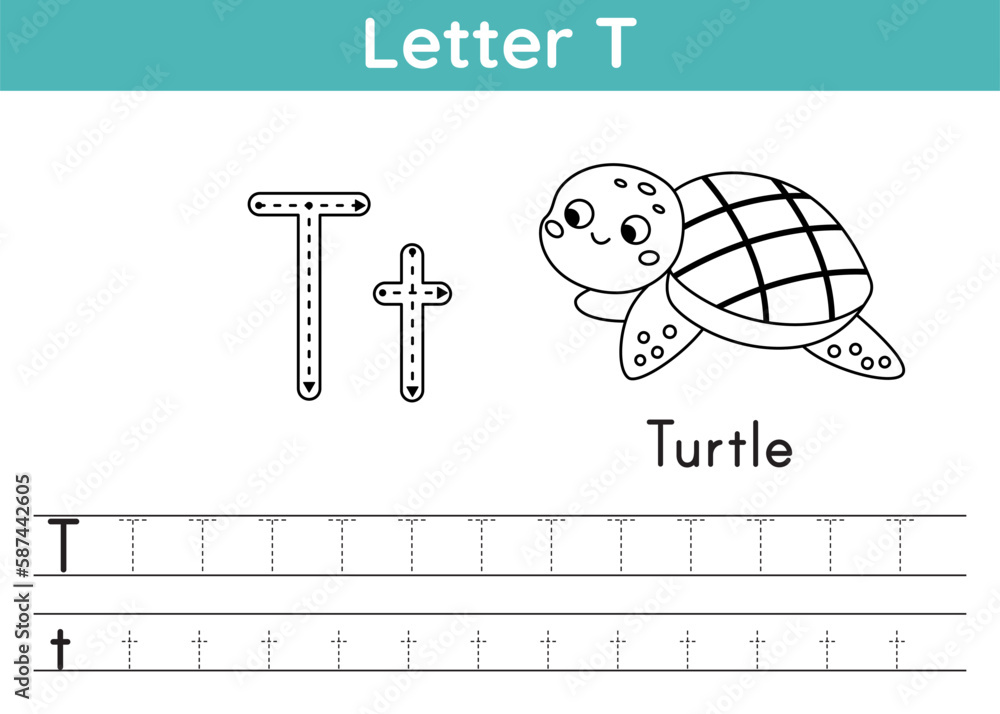 Alphabet ABC, a-z exercise. Coloring page. Trace letter T. Vocabulary ...