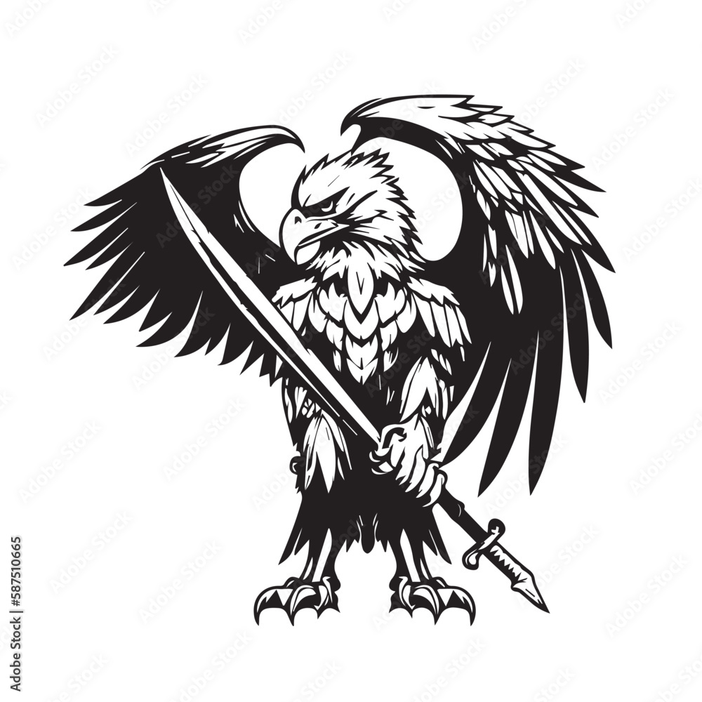 Angry face mascot eagle hawk holding spear sword weapon. black white ...