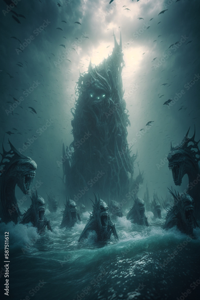 UHD, 32K, 16K, 8K, photorealistic underwater giant nightmare deepsea ...