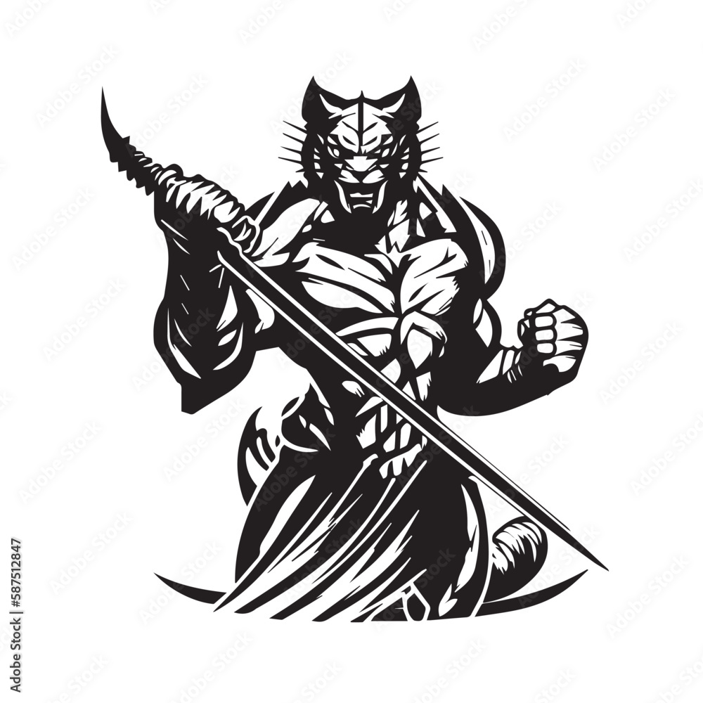 Angry face mascot tiger holding spear sword weapon. black white line ...