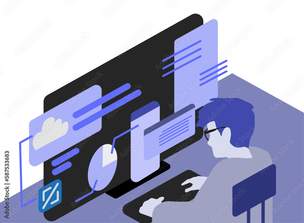 Image vectorielle Stock Programador, tecnología, software, código, desarrollo, ingeniero ...