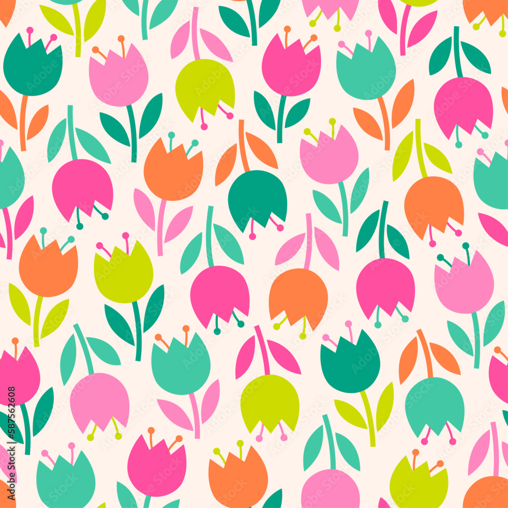 Colorful cute hand drawn tulip seamless pattern background. Stock ...