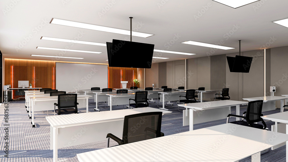 Interior of large modern office training room with large curved monitor ...