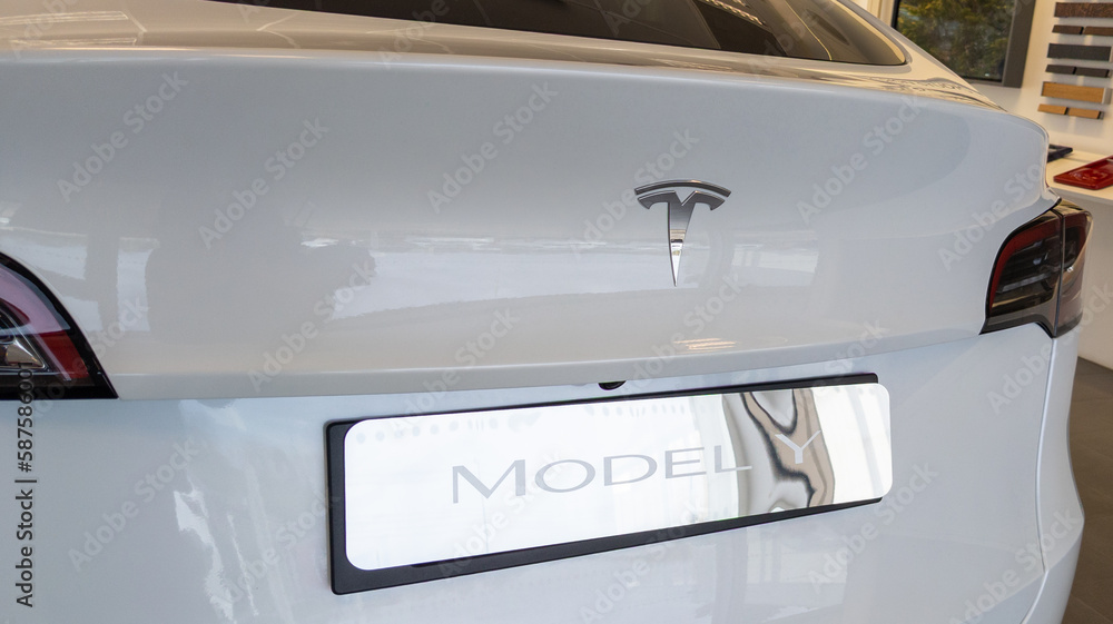 tesla logo brand on Model y car sign text Tesla Motors Inc American ...