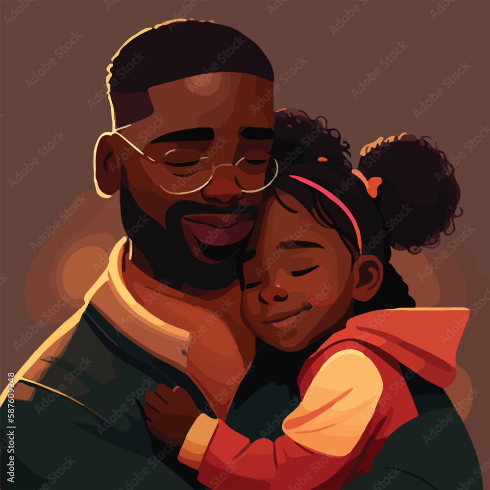 Black, dark-skinned father hugging his daughter. Concept for Happy ...