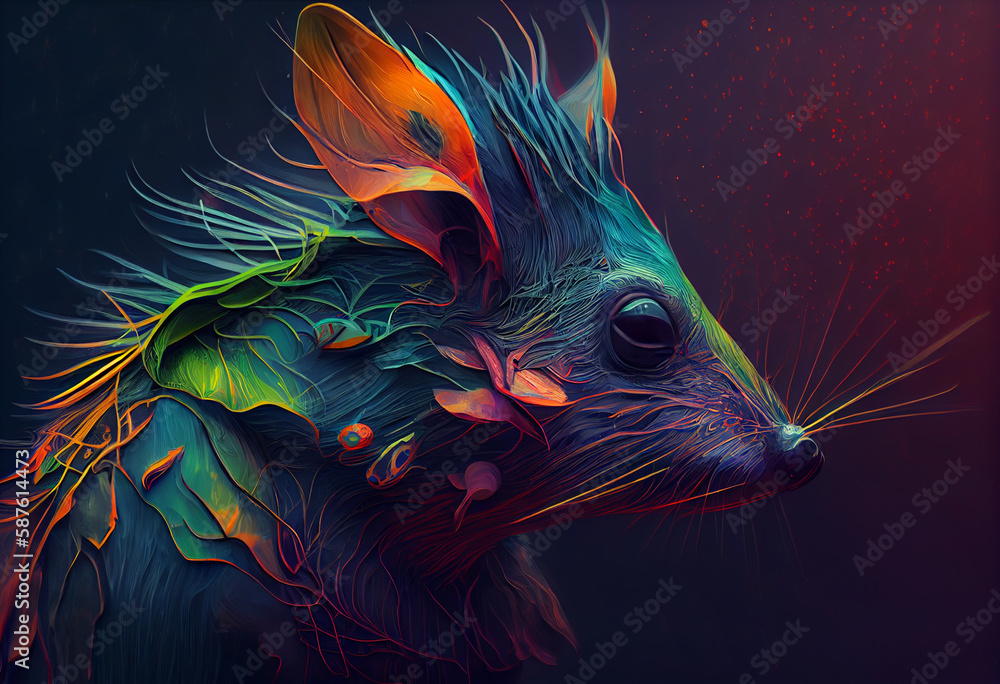 An abstract, surrealist portrait of a Bandicoot, featuring exaggerated ...