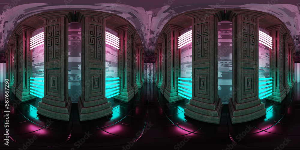 HDRI map, spherical environment panorama background, cyberpunk temple ...