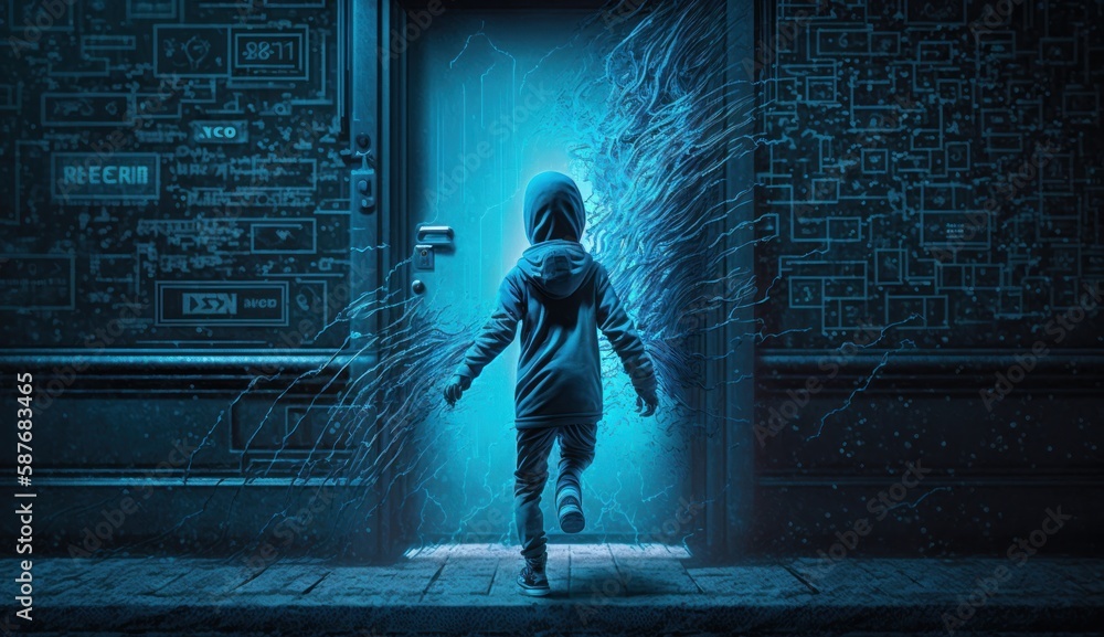 Niño con capucha corriendo hacia una puerta transformándose en datos ...