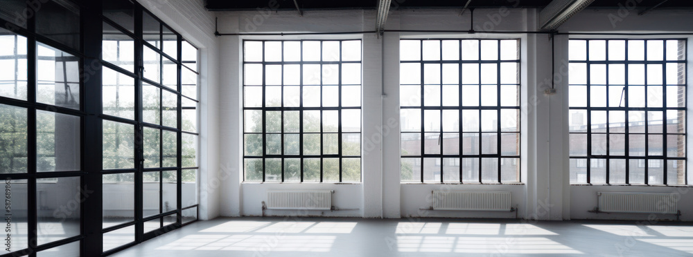 White room. white vacant building floor with black window frames and ...