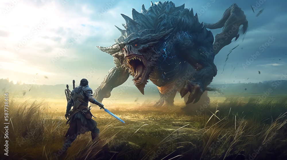 fantasy knight fighting monster.Generative Ai Stock Illustration ...