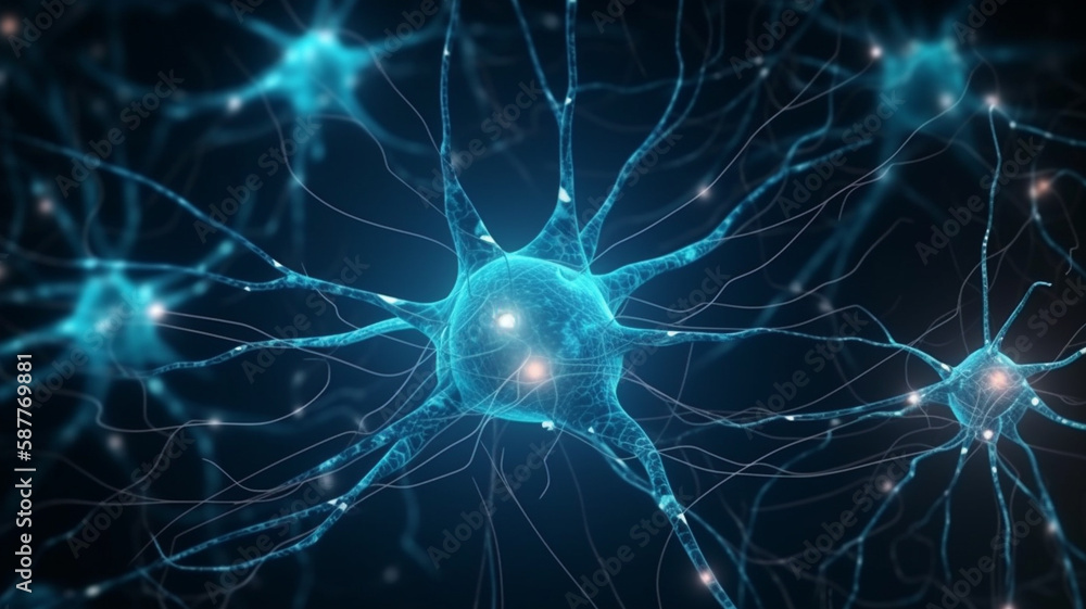 Nerve cell blue color banner, system neuron of brain with synapses ...