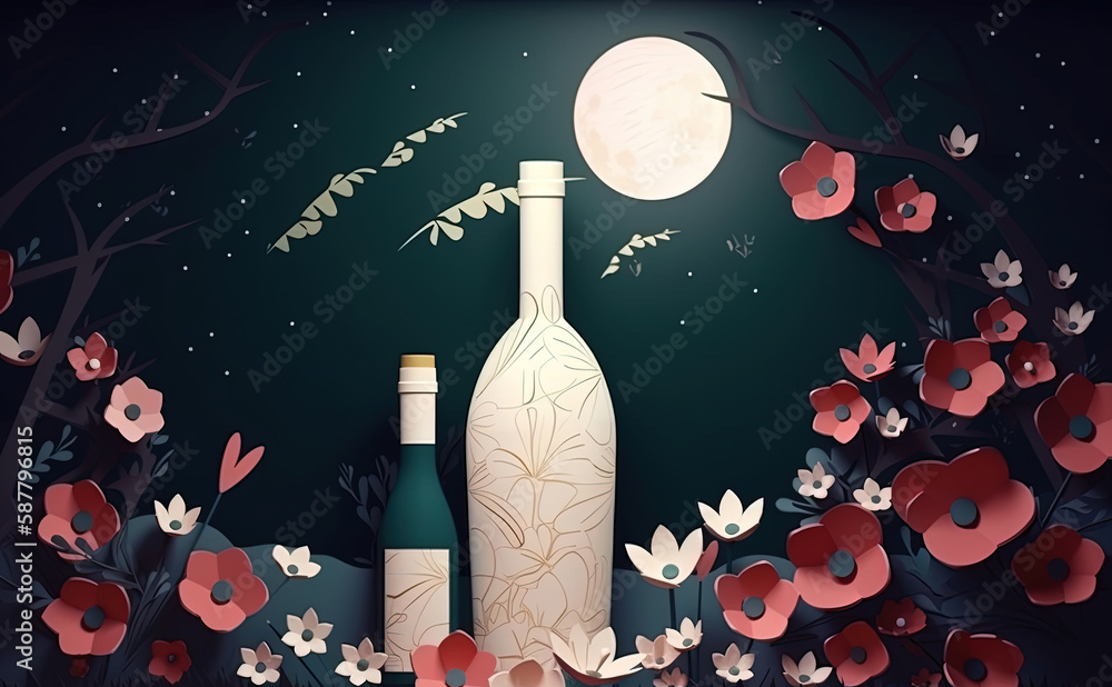 Paper craft style illustration of wine or champagne bottle with empty ...
