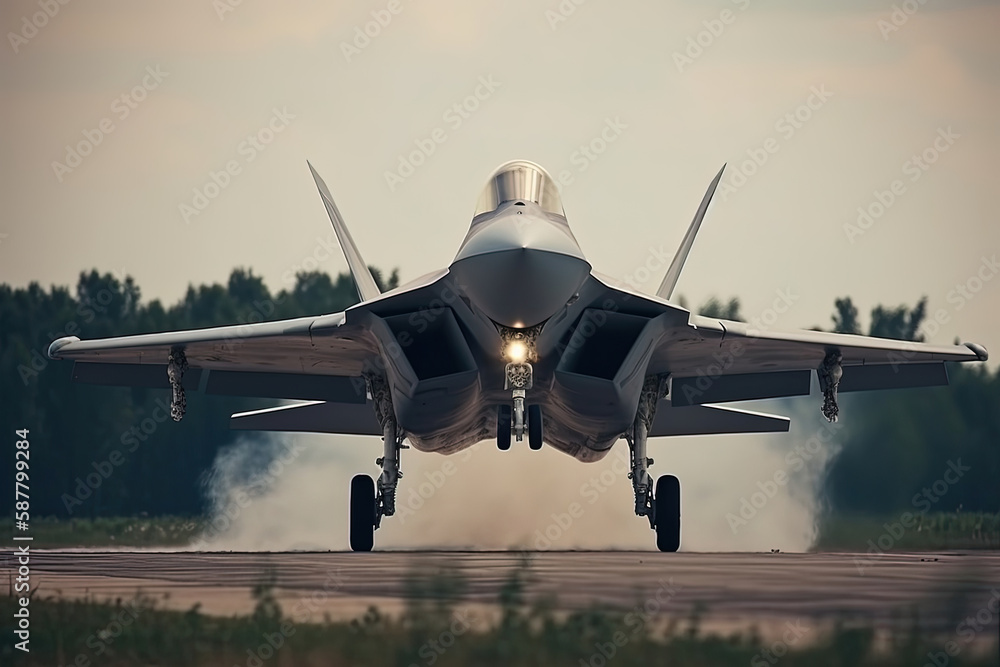 Combat military fighter rapidly takes off at high speed from the runway ...