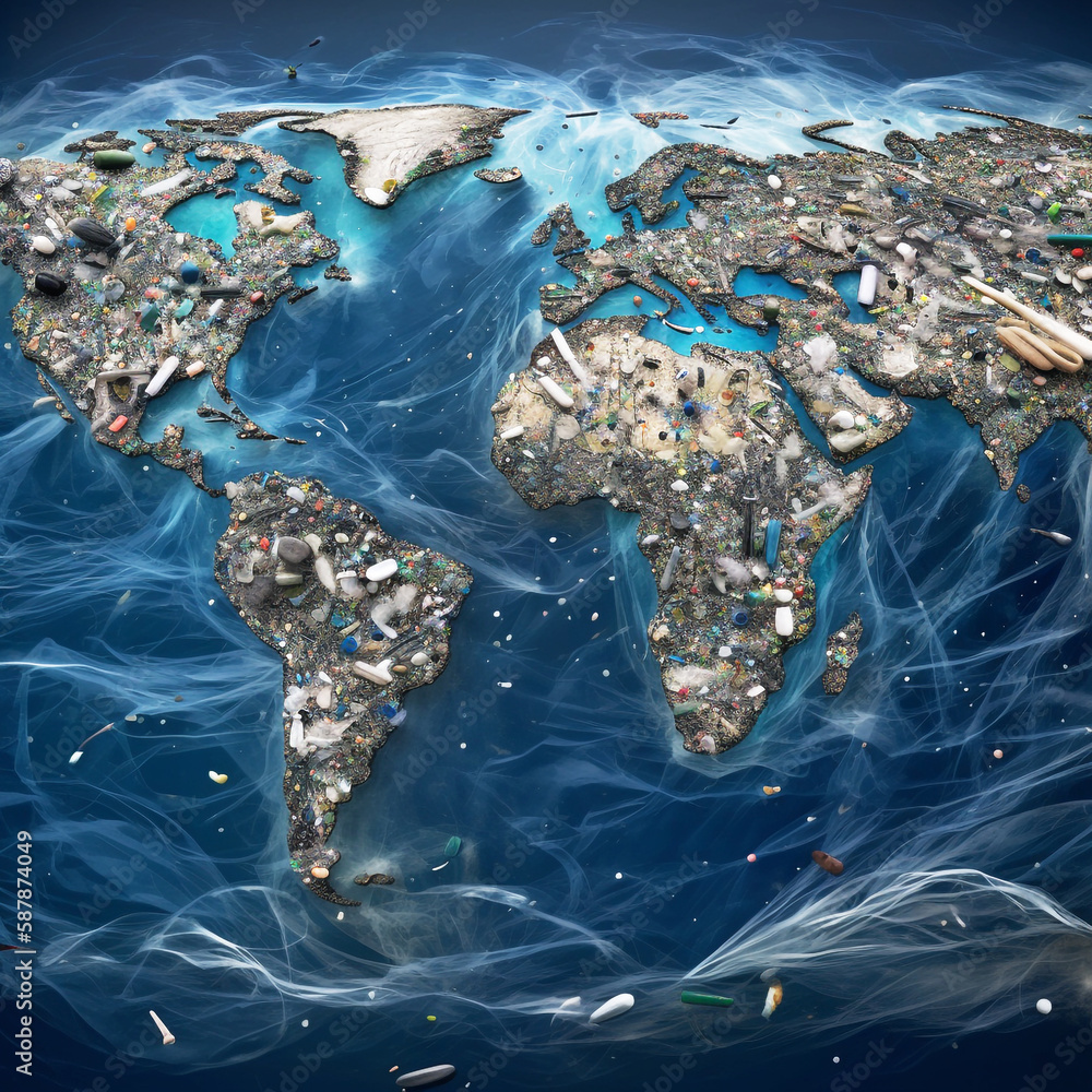 Ocean and sea pollution with plastic waste concept. Illustrative planet ...