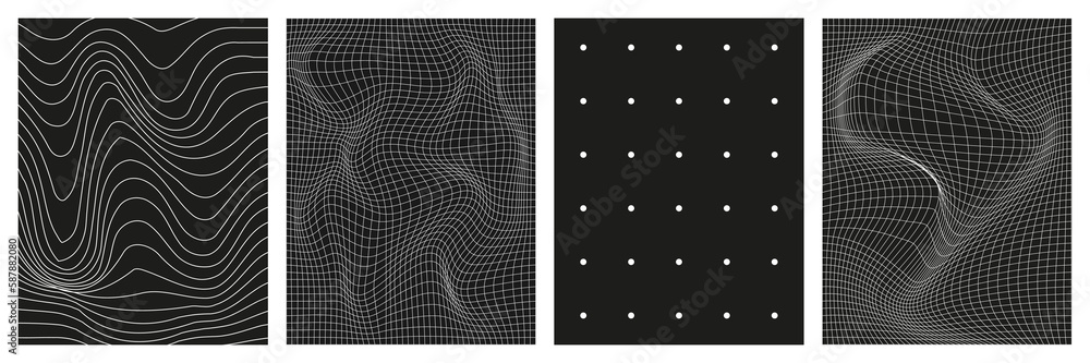 Set of geometry wireframe grid backgrounds in white color on black ...