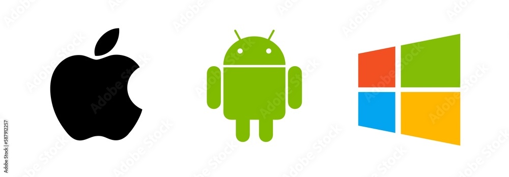 Apple Google Microsoft Android logotype png. Vector editorial illustration. Mobile and desktop ...
