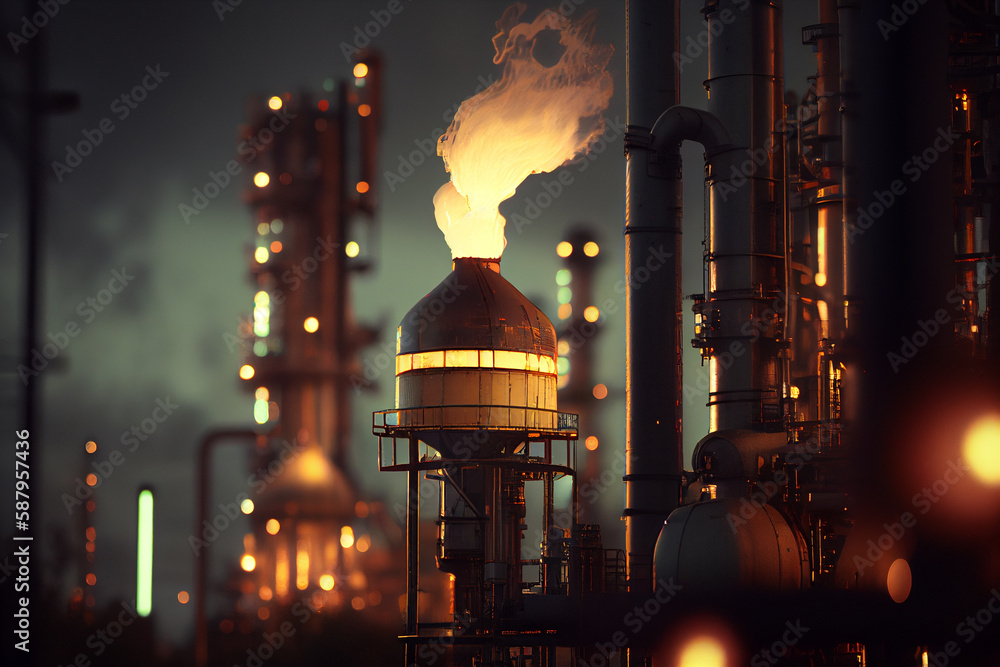 gases are released from an oil refinery, shows the environmental ...
