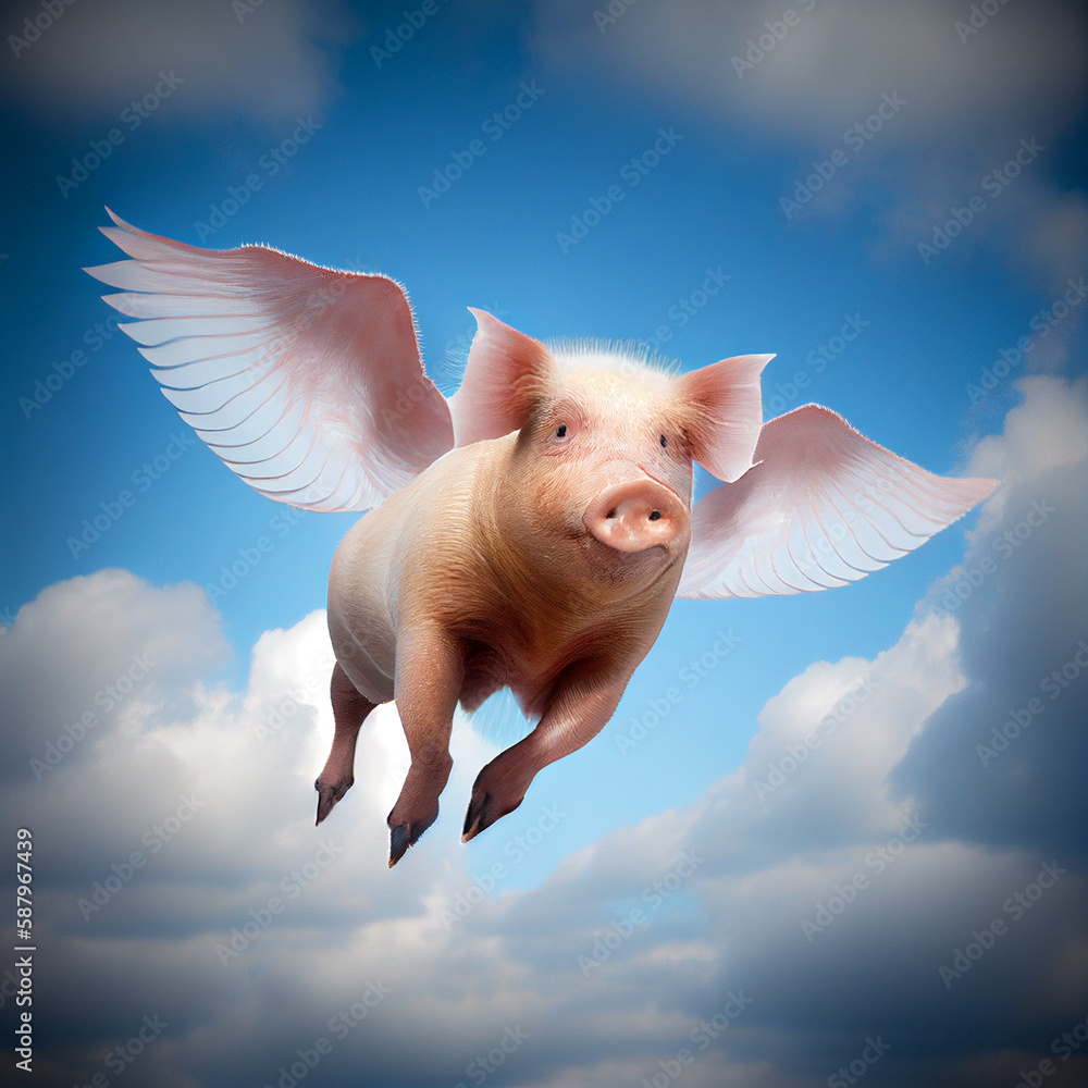 When pigs fly. Realistic flying pig with wings. The day pigs flew. Stock Illustration | Adobe Stock