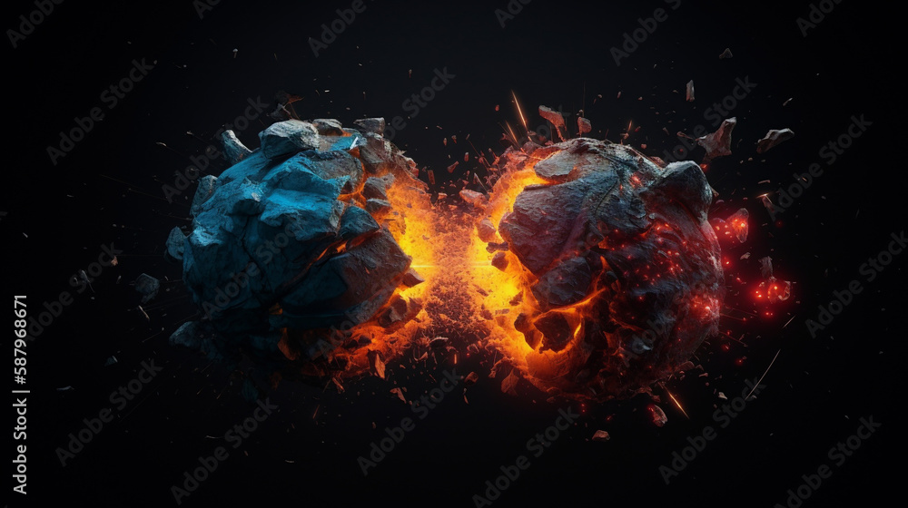 Collision of two forces. Two objects crash into each other and an ...