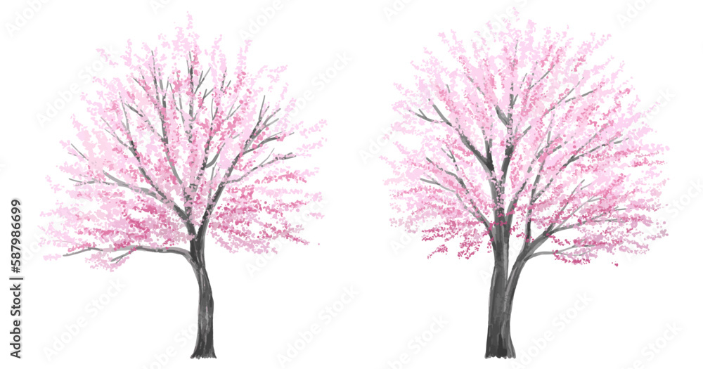 Vector watercolor blooming flower tree side view isolated on white ...