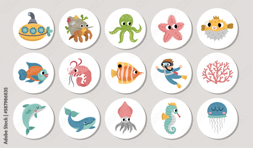 Cute under the sea round cards set with dolphin, whale, starfish ...
