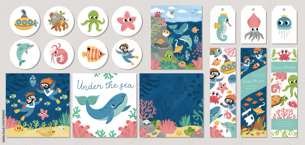 Cute under the sea cards set with seaweeds, fish, divers, submarine ...