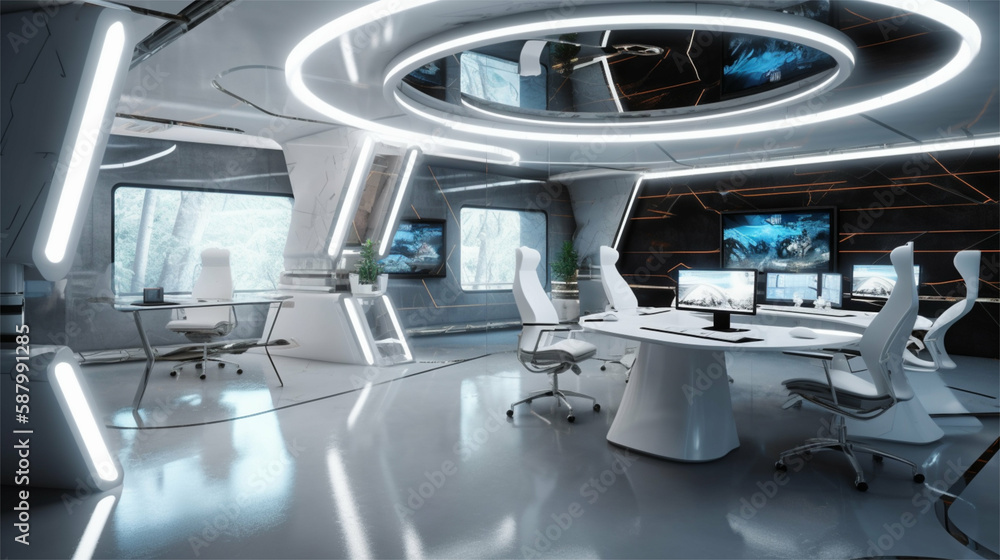 Futuristic office / workspace of a technology business in minimalistic ...