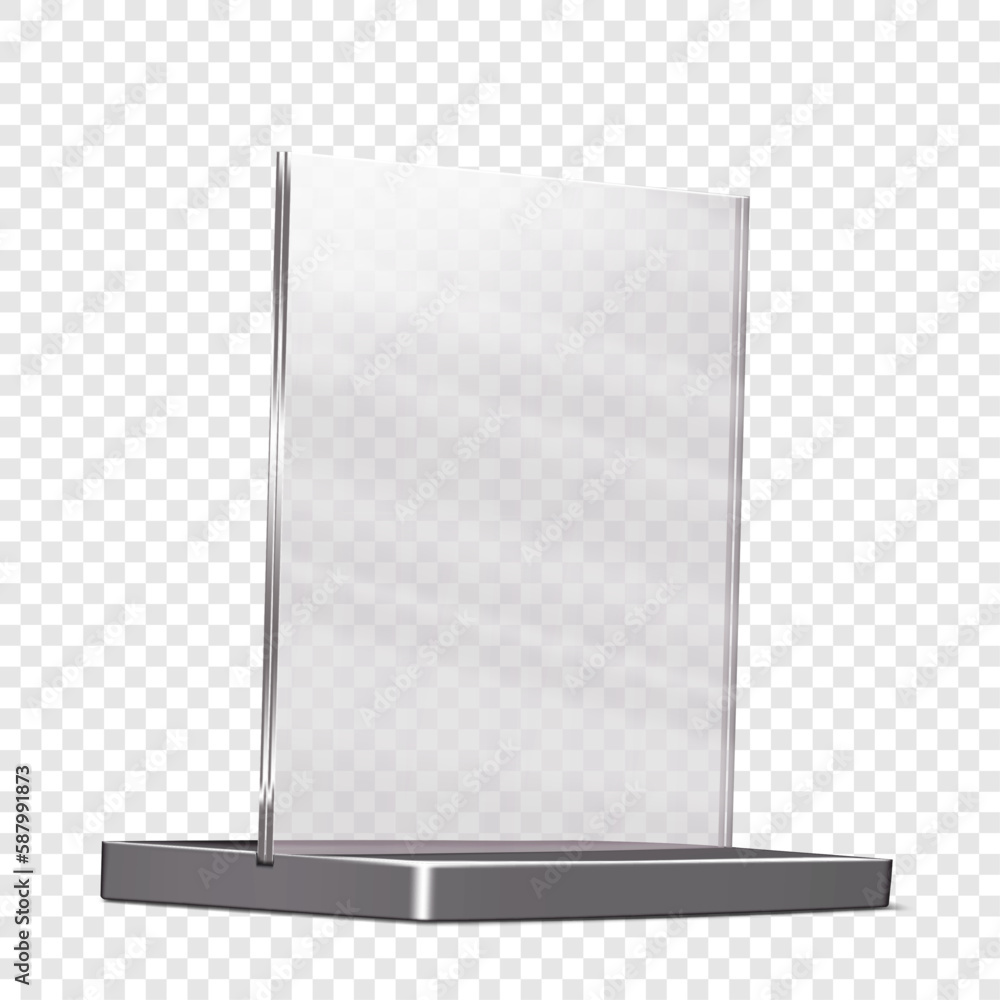 Promotional acrylic display stand realistic mockup. Clear square plexi ...