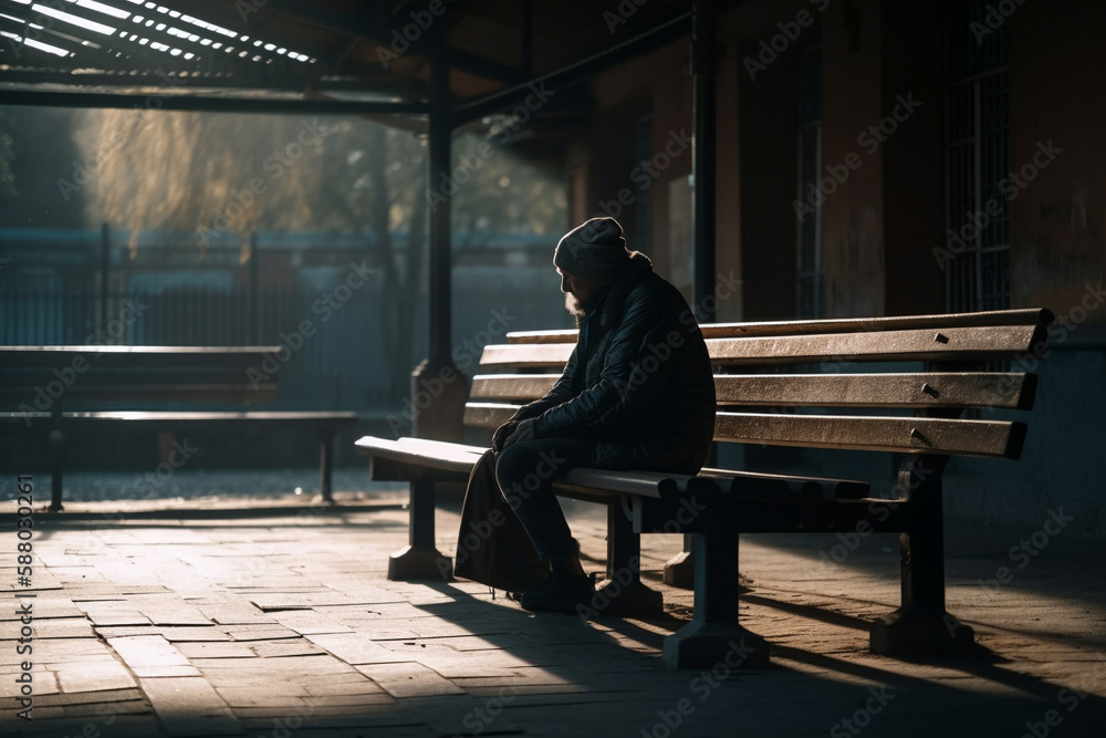 Waiting Alone: Homeless at Public Transportation Station. An ...