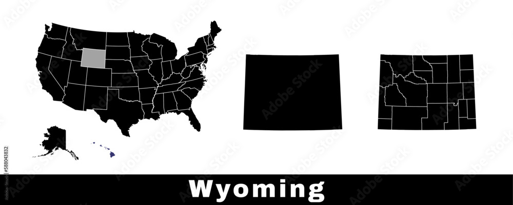 Wyoming state map, USA. Set of Wyoming maps with outline border ...