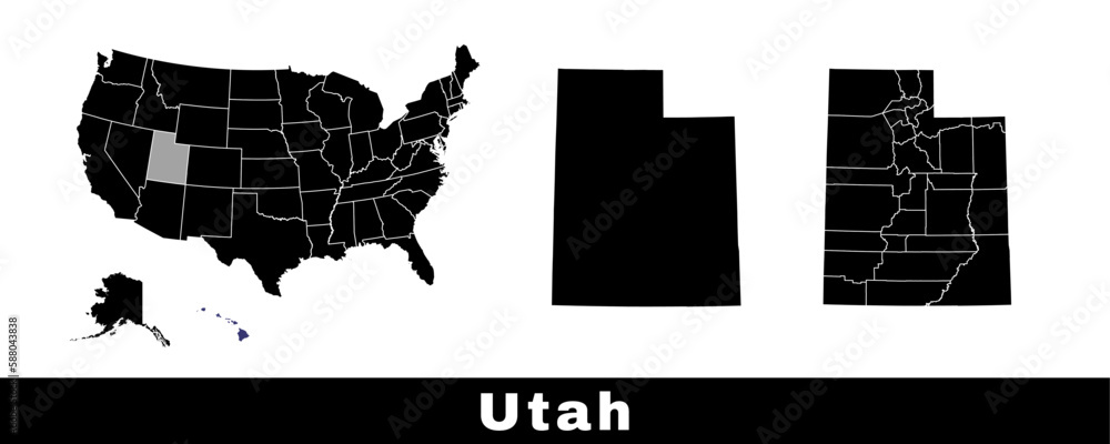 Utah state map, USA. Set of Utah maps with outline border, counties and ...