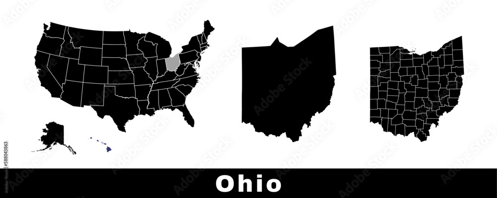 Ohio state map, USA. Set of Ohio maps with outline border, counties and ...