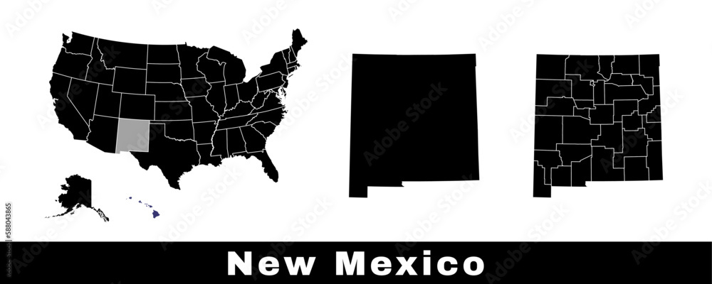 New Mexico state map, USA. Set of New Mexico maps with outline border ...