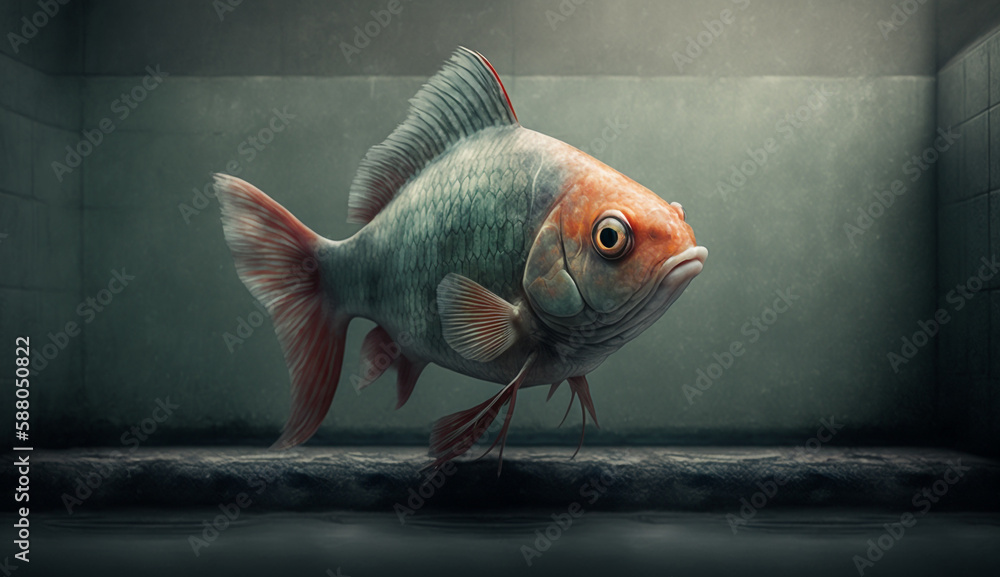 sad fish. 3d cartoon character of a spherical goldfish with big bulging ...